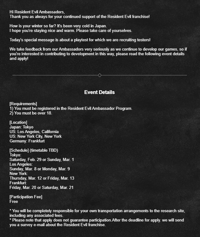 Resident Evil Ambassador Program Sets Dates for New Tester Event Resident Evil Ambassador Program Sets Dates for New Tester Event